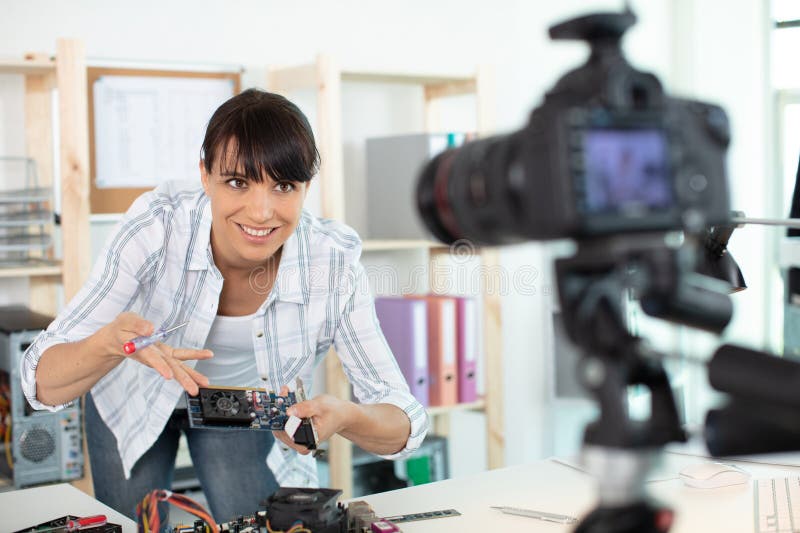 Female Vlogger Recording Computer Repair Blog Stock Photo - Image of ...