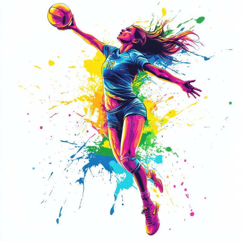 Female Volleyball Player Dynamic Action Colorful Splash Art Stock ...