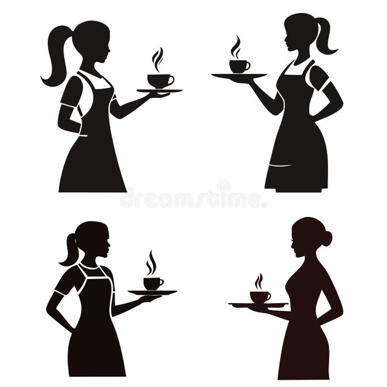 Female Waitress Holding Tray Coffee Vector Bundle Set Stock Vector - Illustration of waitress ...