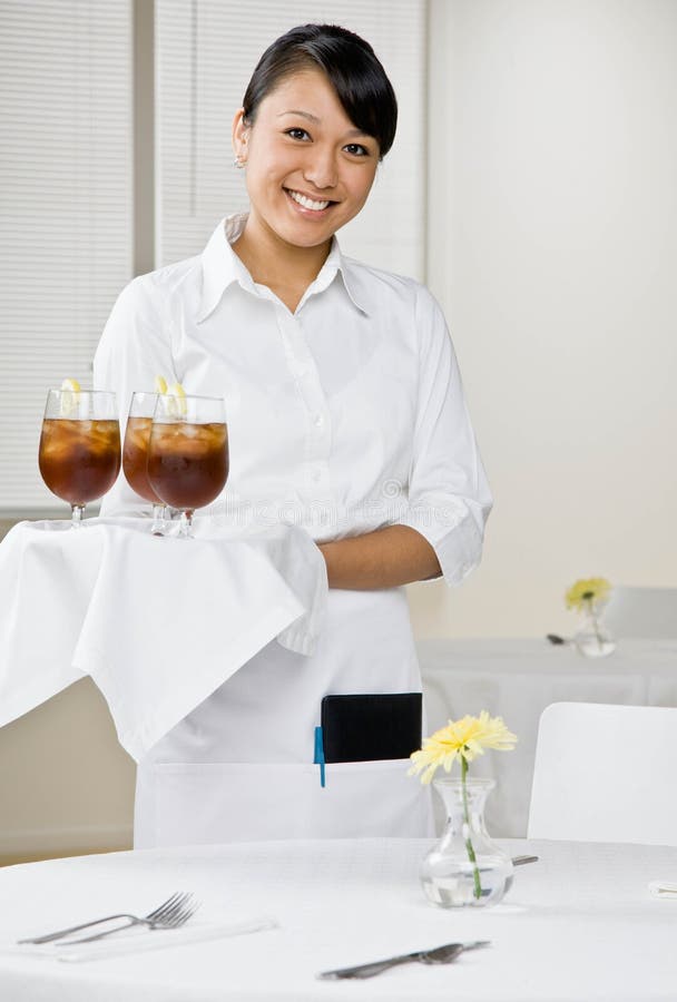 Female Waitress with Tray of Drinks Stock Photo - Image of people ...