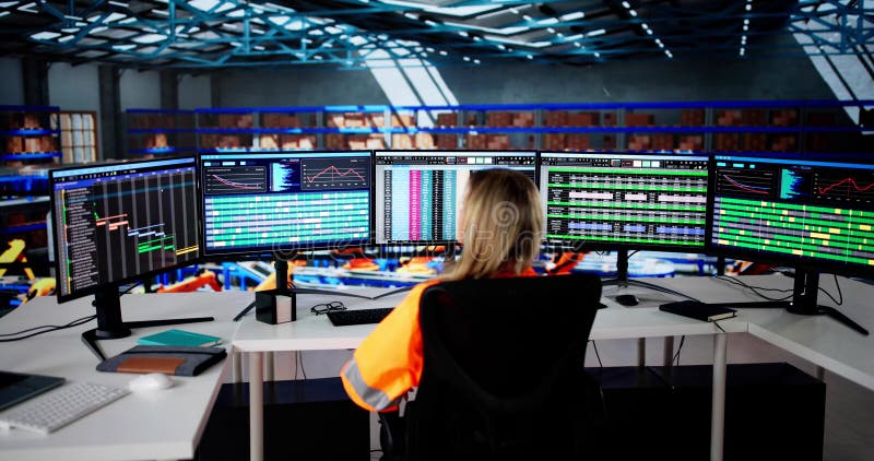 Female Warehouse Manager Using Computer To Track Shipments Stock Photo ...