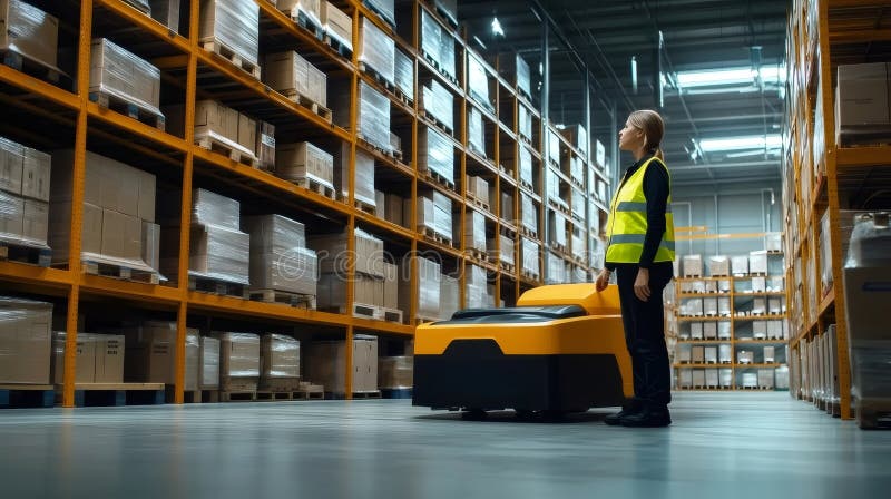 Female Warehouse Worker Using Automated Guided Vehicle - Agv - Checking ...