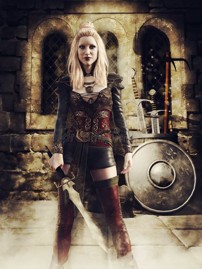 Female Warrior in a Medieval Armory Stock Illustration - Illustration ...