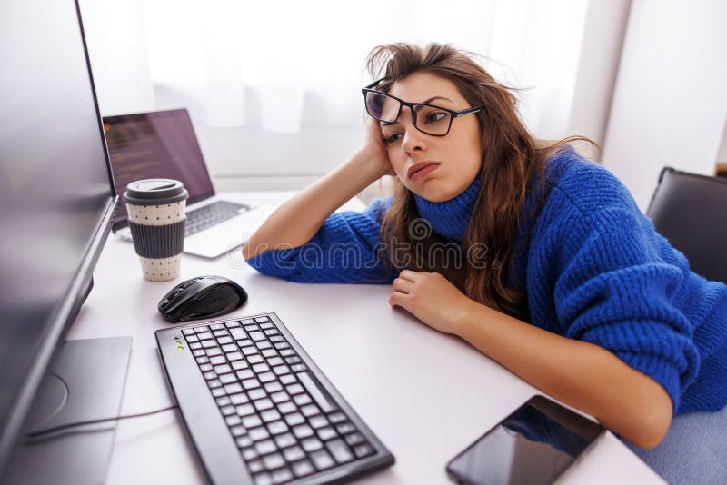 Female Programmer Sleeping at Her Desk Tired while Working Overtime ...