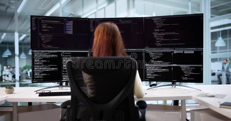 Female Web Developer Coding on Computer To Develop Code Stock Image ...