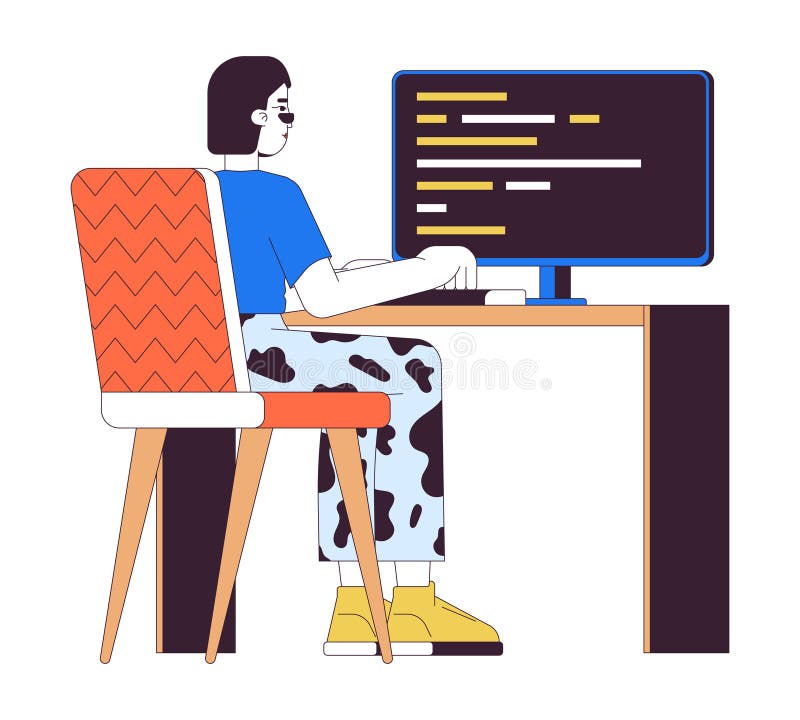 Female Web Developer at Work 2D Linear Cartoon Character Stock Vector ...