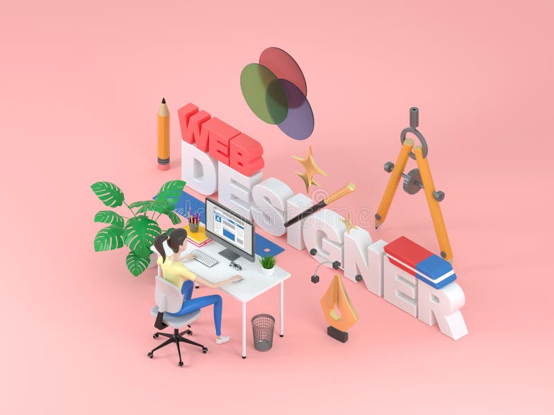 Female Web Interface Developer Sitting at a Table on White Background ...