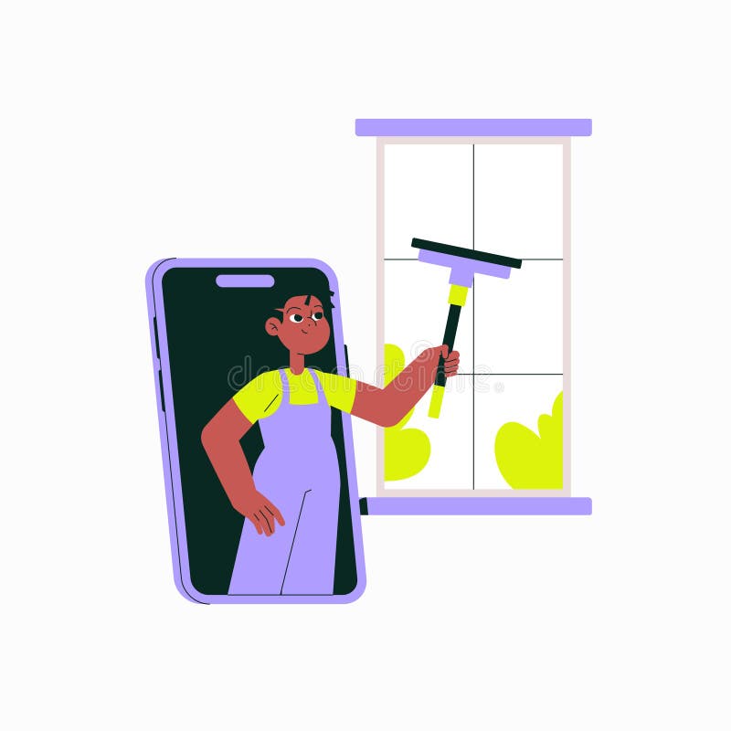 Female Window Cleaner with Squeegee in Flat Vector Illustration ...