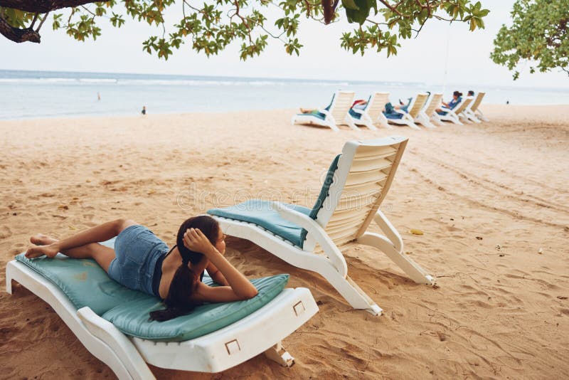 Woman Ocean Sand Lifestyle Lying Resort Smiling Sea Tan Sunbed Beach