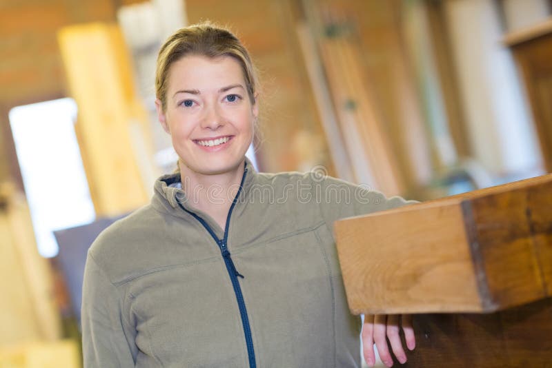 Female Woodworking Worker Posing Smiling Stock Image - Image of ...
