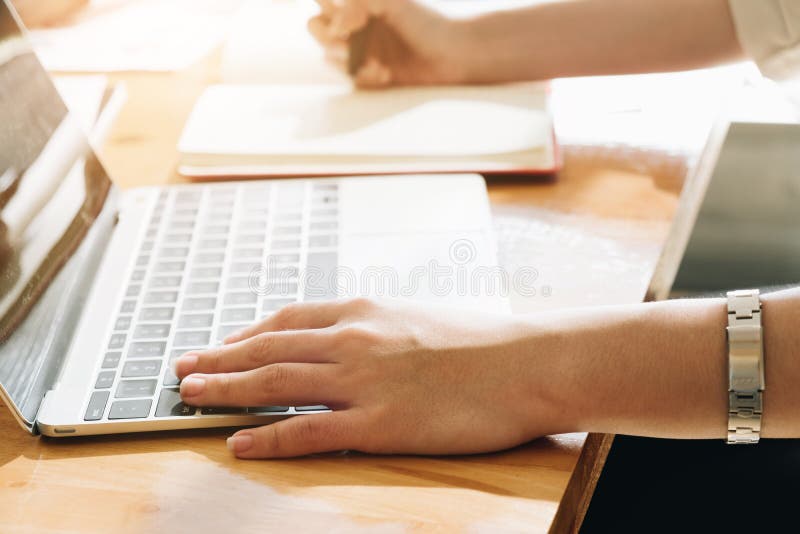 Female Work with Computer Laptop and Notebook, Article Writing B Stock ...