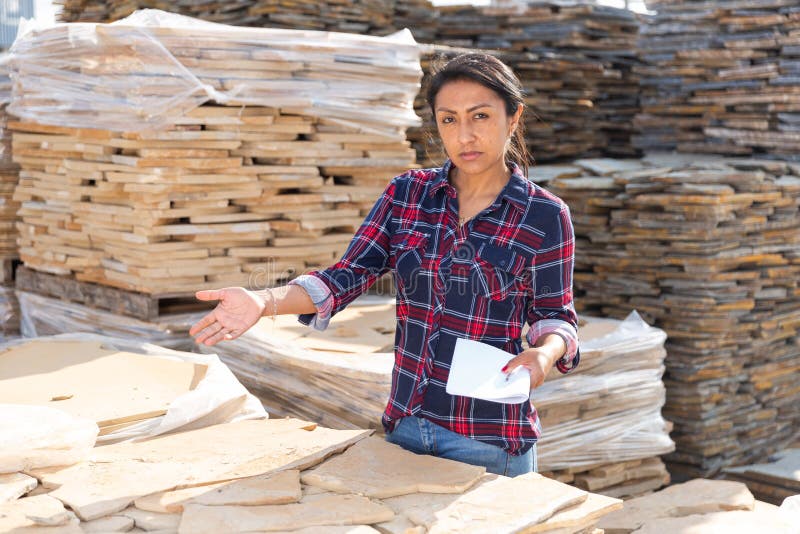 Female Worker Checking Quantity of Natural Stone Tiles Stock Image ...