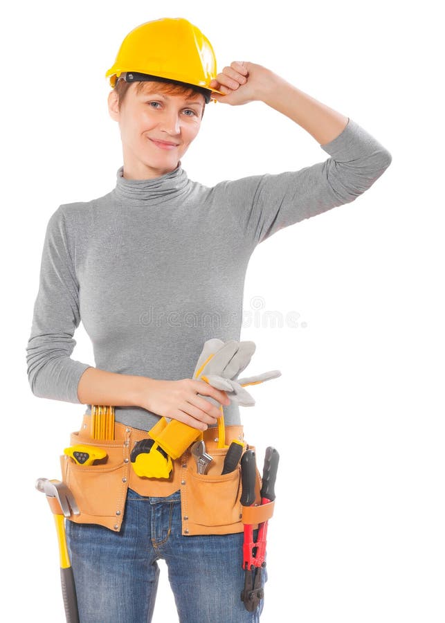 A Female Worker with Construction Tools Isolated on White Stock Image ...