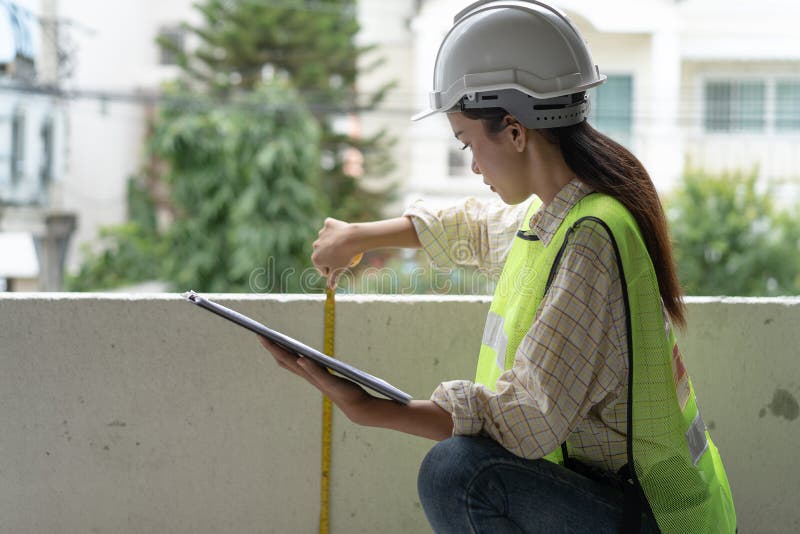 Female Worker. Woman Inspector / Architect Checking Interior Material ...