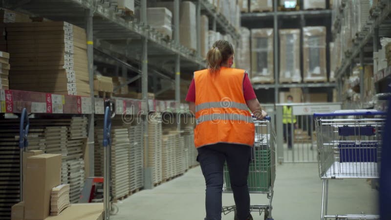 Female Worker Pushes a Cart with Goods in a Warehouse Stock Footage ...