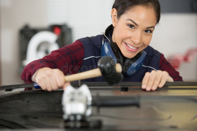Female Worker Repairing Machine with Tool Stock Image - Image of ...