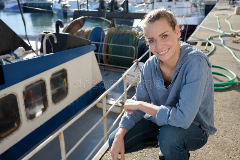 Female Worker Vessel Ship in Harbor Stock Photo - Image of hard ...