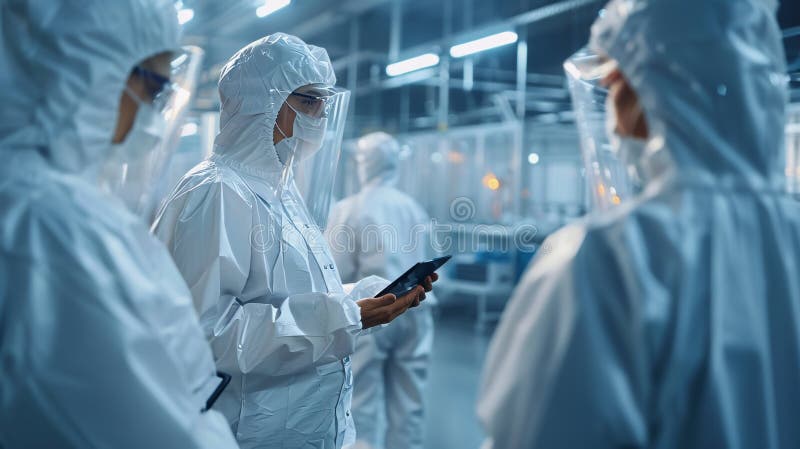Female Workers in Coveralls at Manufacturing Plant, Using Tablet for ...