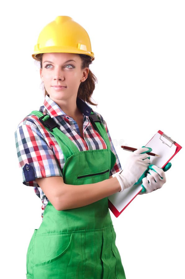 Female Workman in Green Overalls Isolated on White Stock Image - Image ...