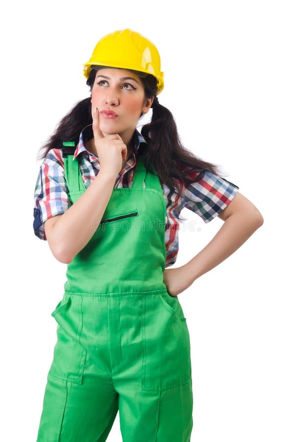 Female Workman in Green Overalls Isolated on White Stock Image - Image ...