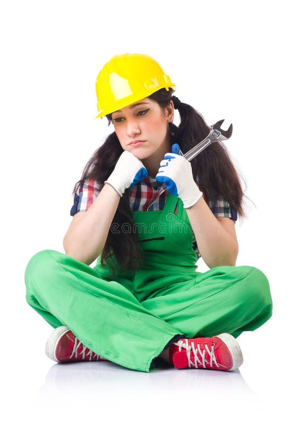 Female Workman in Green Overalls Isolated on White Stock Image - Image ...