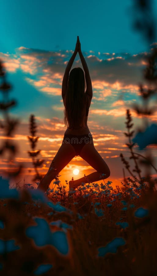 Female Yoga Practitioner in Tree Pose at Sunset in a Tranquil and ...