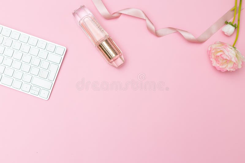 Feminine Desk and Accessories on a Pink Background. Copy Space Stock ...