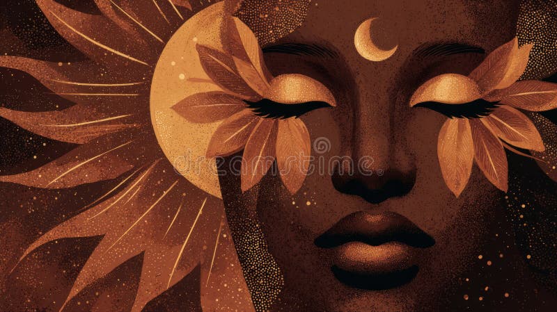 Feminine Face with Petals instead of Eyes, Sunburst Background and ...