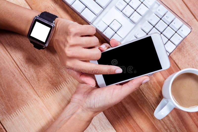 Feminine Hands with Smartwatch Using Smartphone Stock Photo - Image of ...