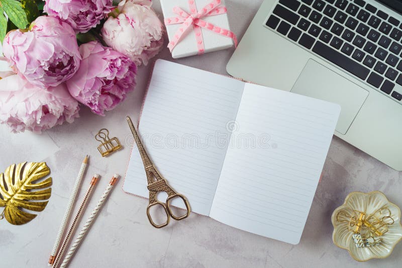 Feminine Office Desk Table. Workspace with Notebook, Laptop Computer ...