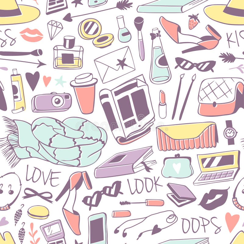 Feminine Stuff Hand Drawn Seamless Pattern Vector Illustration. Stock ...