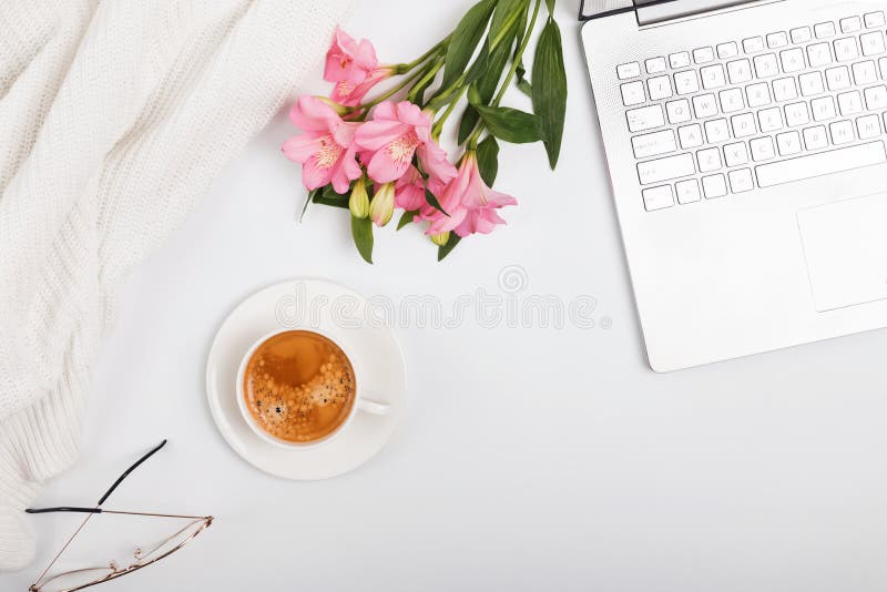 Coffee, Flowers and Laptop on the White Table Stock Photo - Image of ...