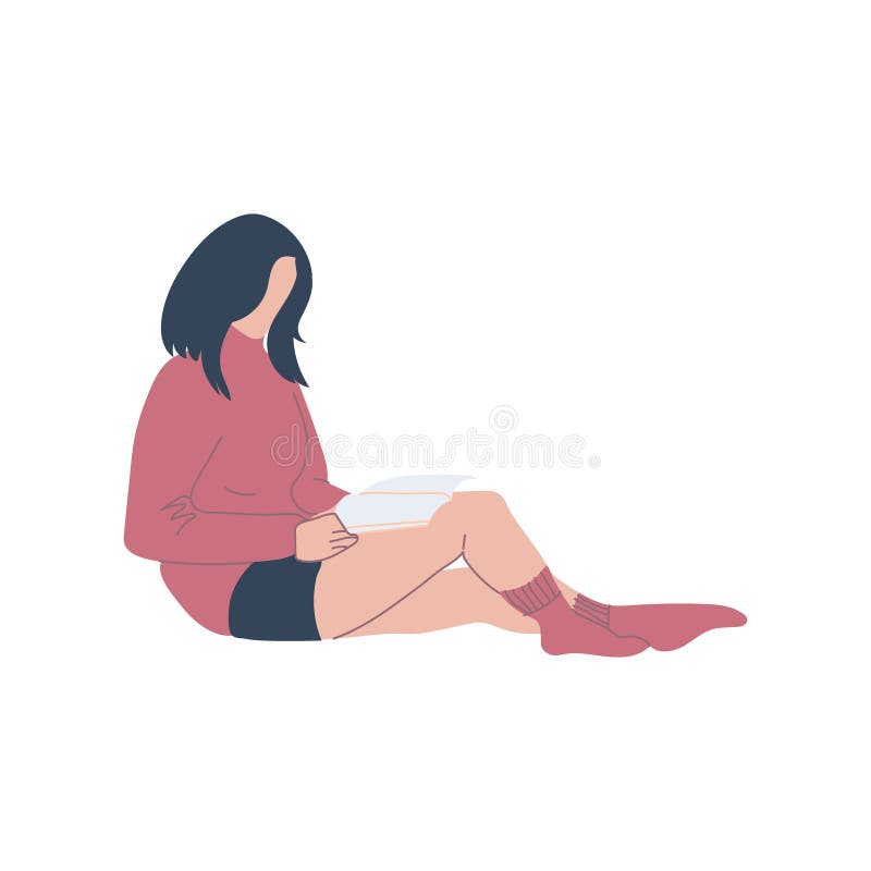 Femme Brunette Assise Et En Train De Lire Illustration De Vecteur