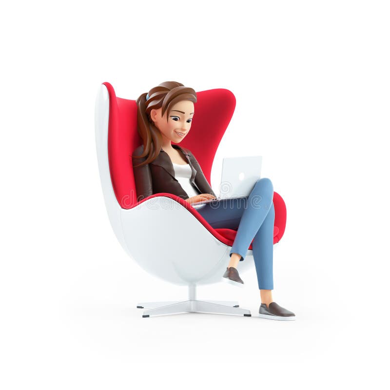 Femme De Dessin Animé 3d Assise Et Travaillant Sur Ordinateur Portable