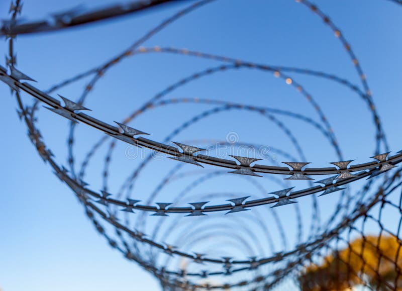 Fence with a Barbed Wire Under Stock Image - Image of blue, metal ...