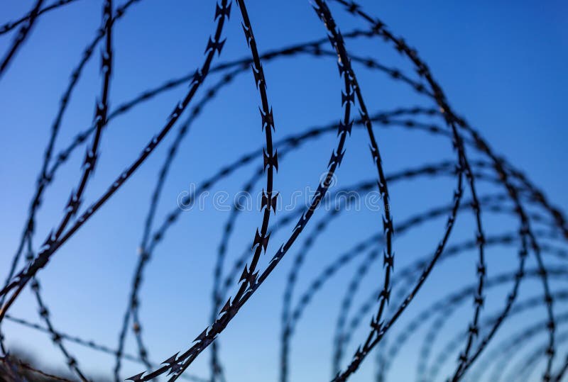 Fence with a Barbed Wire Under Stock Image - Image of blue, metal ...