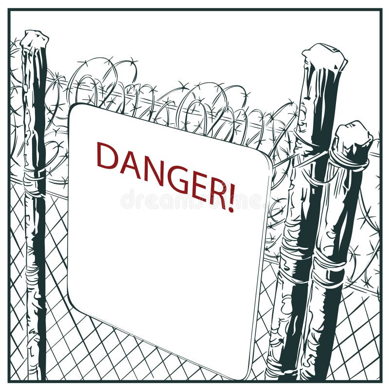 Fence With Barbed Wire And Warning Sign. Stock Vector - Illustration of ...