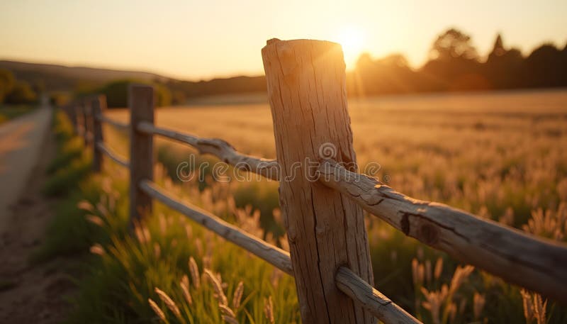 Fence in Field at Sunset stock photo. Image of glow - 382345606