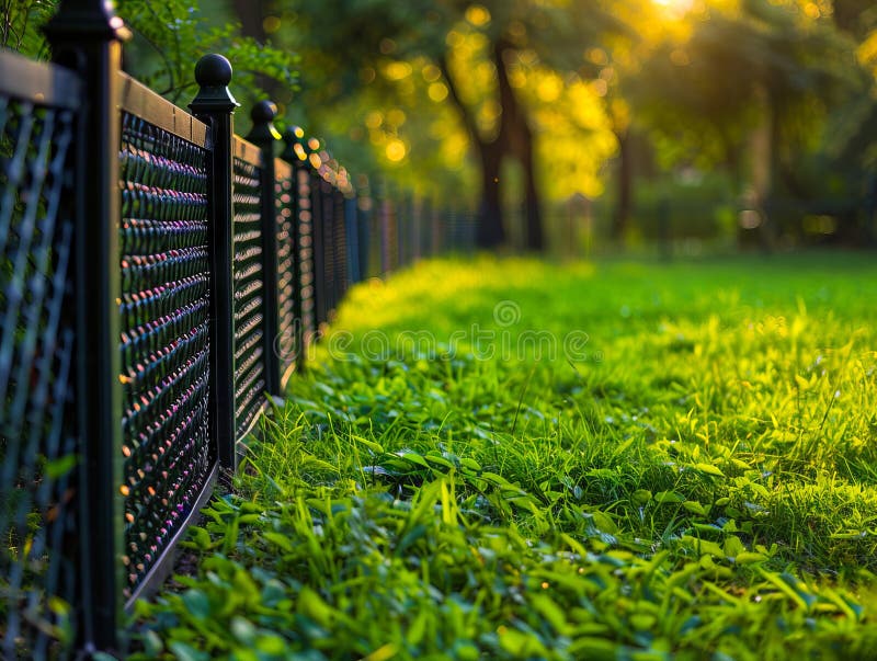A Fence in a Park with Trees and Grass Stock Image - Image of sunlight ...