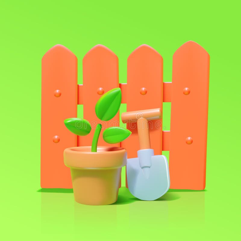 Fence, Shovel and and Flower Pot with a Sprout. 3D Low Poly Vector ...