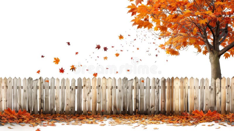 A Fence with a Tree and Falling Orange Leaves, Isolated on White ...