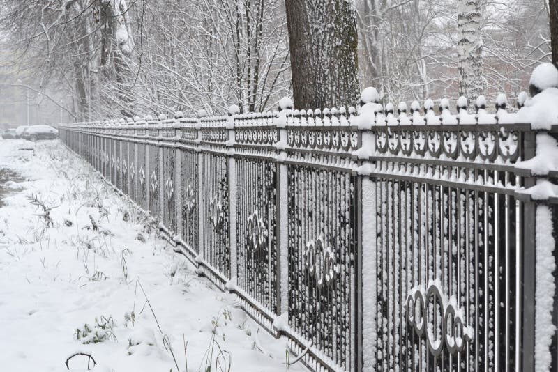 Fence Winter Snow. Sticking of Snow on a Metal Fence in the Background ...
