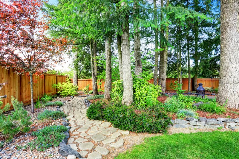 Fenced Back Yard with Well Kept Garden. Stock Image - Image of ...