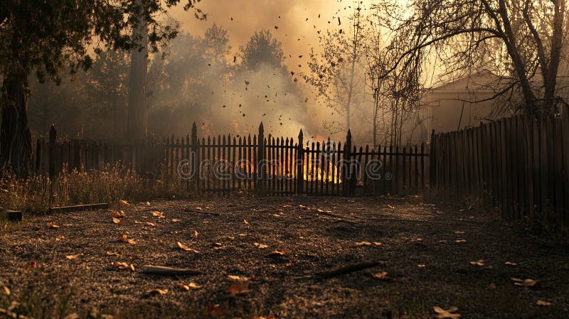 A Fenced Backyard with Ash Falling As a Wildfire Approaches the Stock ...