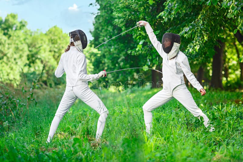 Fencer Women Fighting Over Beautiful Nature Stock Image - Image of ...