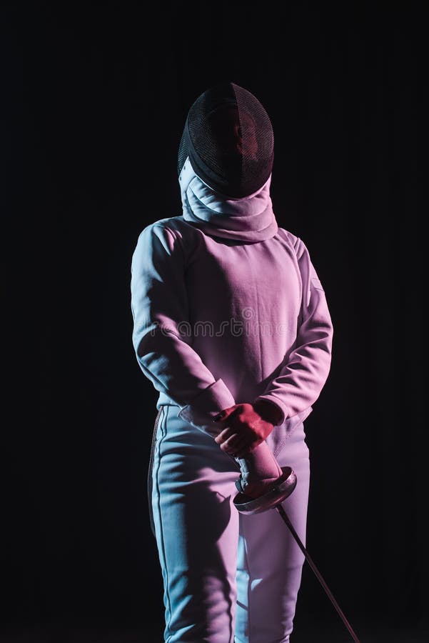 In Fencing Mask Holding Rapier Isolated Stock Photo - Image of sport ...