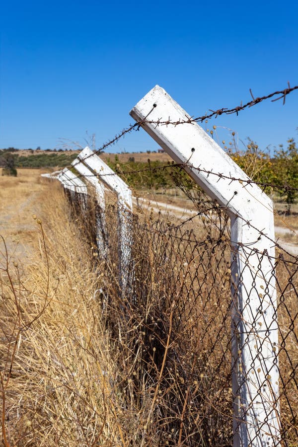 Fencing of White Poles with Barbed Wire in the Field Stock Image ...