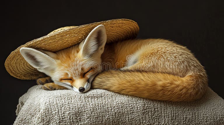 Fennec Fox Curled on Towel, Ears Peeking from Straw Hat. Stock Image ...