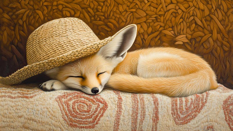 Fennec Fox Curled on Towel, Ears Peeking from Straw Hat. Stock Photo ...