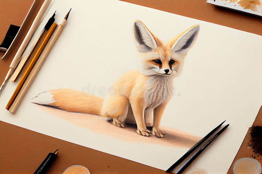 Fennec Fox Drawing with Bit of Watercolour Stock Illustration ...